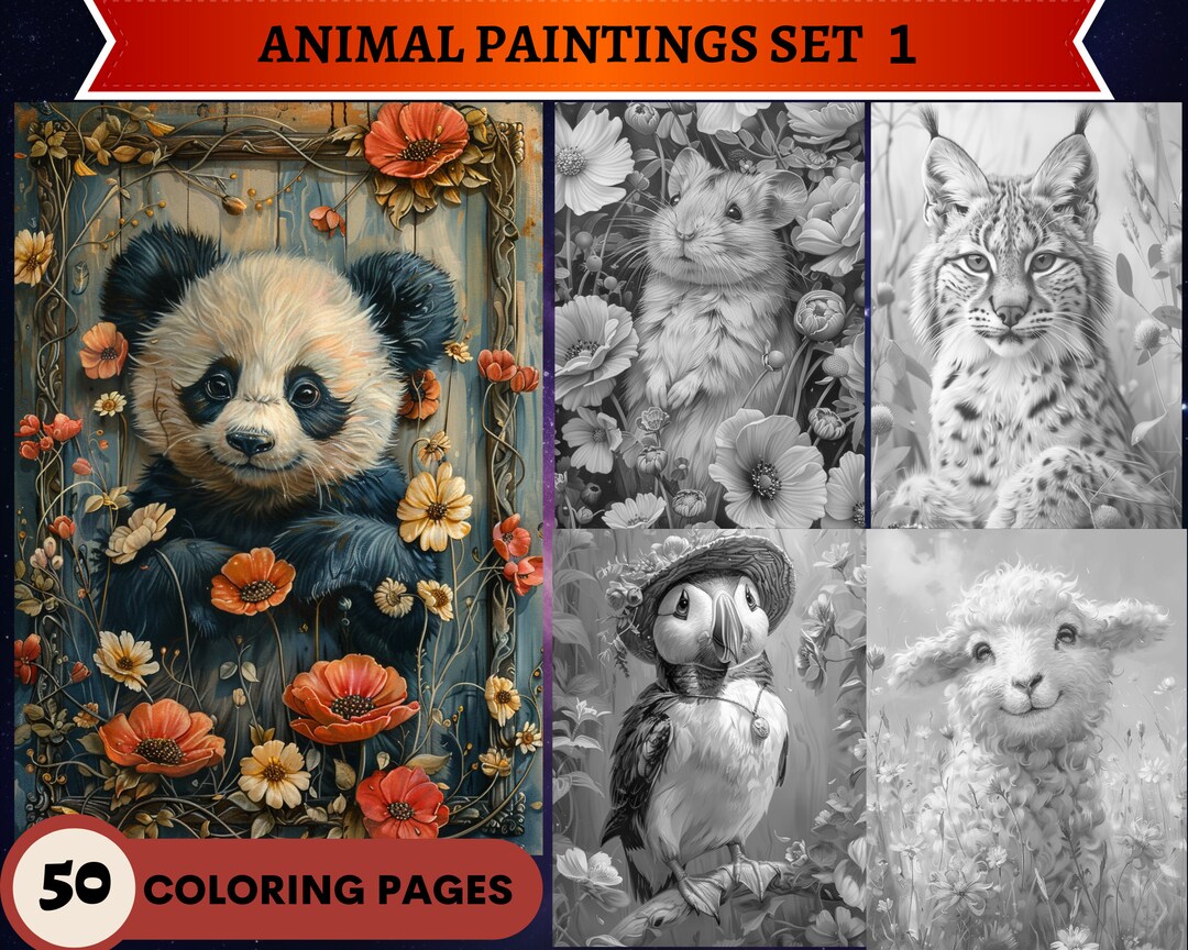 50 Animal Paintings Set 1 Grayscale Coloring Pages | Printable Adult ...