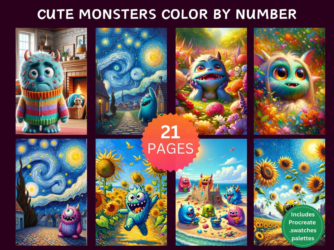 21 Cute Monsters Color by Number Pages, Digital Coloring Pages, Paint ...