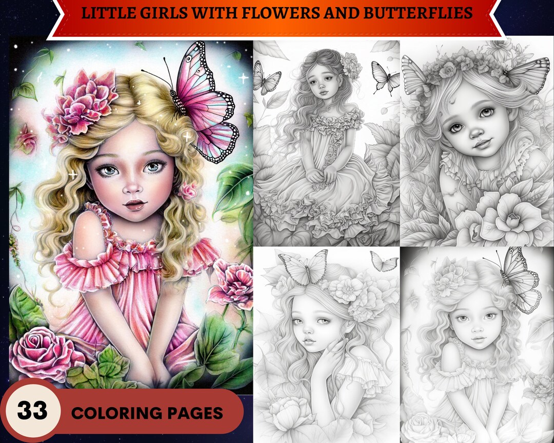 33 Little Girls With Flowers and Butterflies | Printable Adult Coloring ...