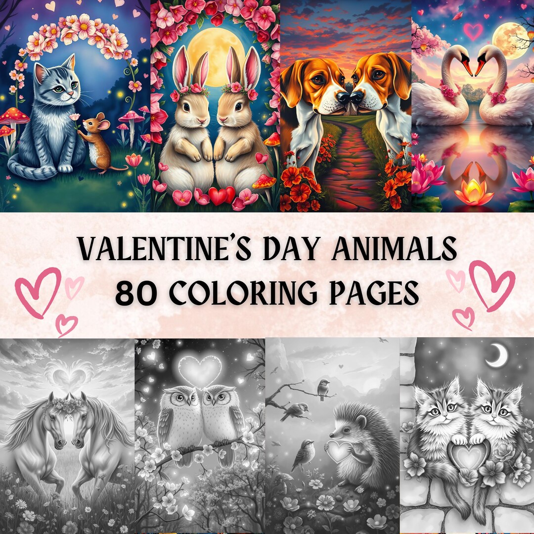 Valentine's Day Animals Grayscale Coloring Pages | Animals in Love ...