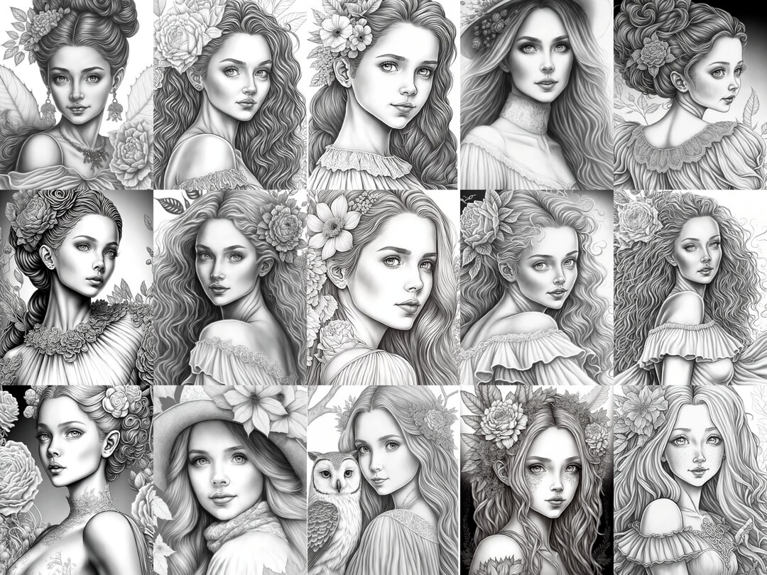 15 Grayscale Beautiful Women With Flowers Vol3 Coloring Pages ...