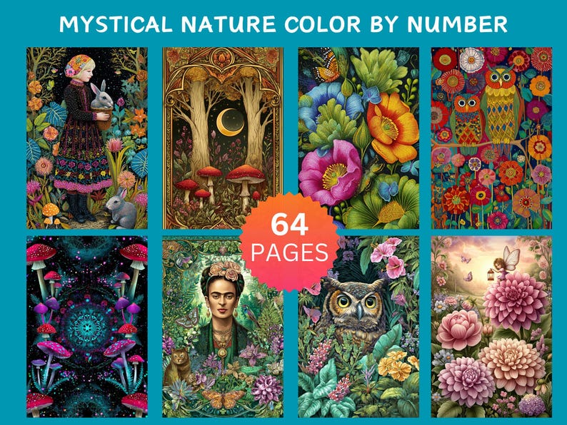 64 Mystical Nature Color by Number Pages, Digital Coloring Pages, Paint ...