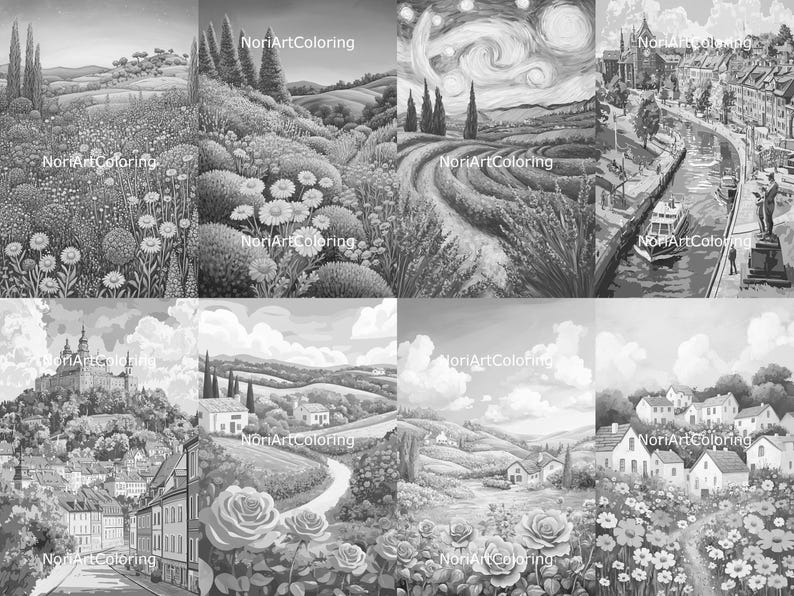 58 Travel Posters Grayscale Adults Coloring Pages | Landscapes ...
