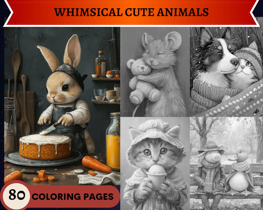 80 Whimsical Cute Animals Grayscale Coloring Pages | Printable Adult ...