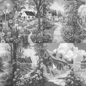 60 Quaint Villages Grayscale Coloring Pages Vintage Fall Spring Summer ...