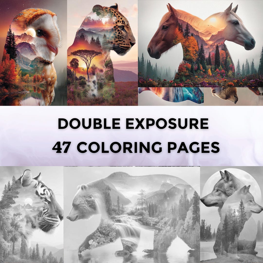 47 Double Exposure Grayscale Coloring Pages Set 3 Printable Adults Kids ...