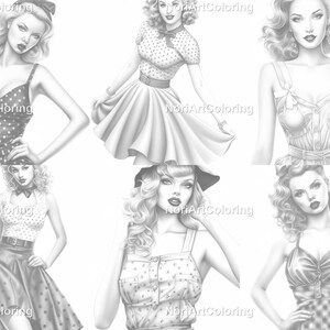 53 Pin-up Girls Grayscale Coloring Pages | '40s '50's Fashion Girls ...
