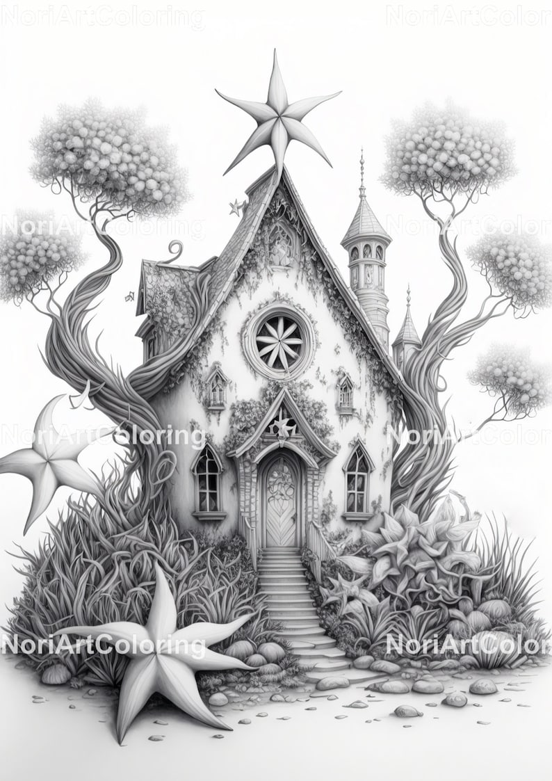 20 Grayscale Ocean Fairy Houses Coloring Book Set 1 | Printable Adult ...