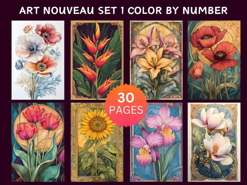 30 Art Nouveau Botanical Flowers Set 1 Color by Number Pages, Digital ...