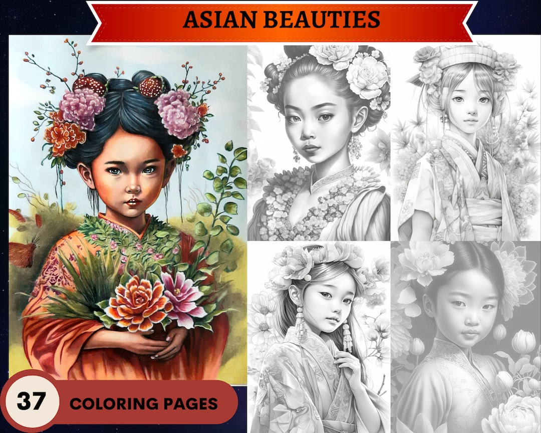37 Grayscale Beautiful Asian Girls and Women Coloring Pages | Printable ...