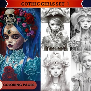 30 Gothic Girls Set 1 Coloring Pages Bright, Medium and Dark Versions ...