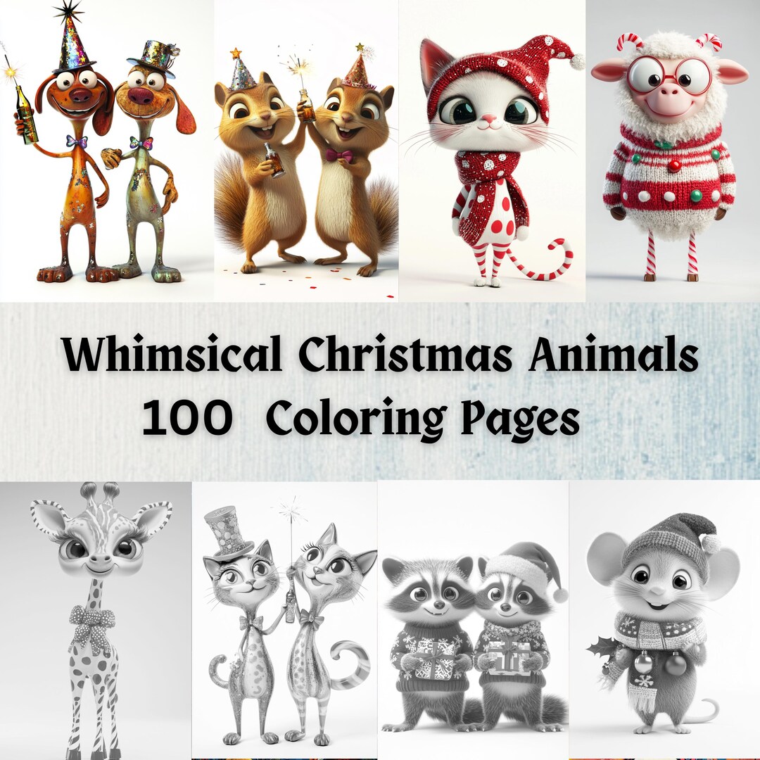 100 Whimsical Christmas Animals Grayscale Coloring Pages for Adults ...