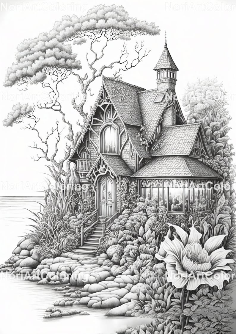 20 Grayscale Ocean Fairy Houses Coloring Book Set 1 | Printable Adult ...