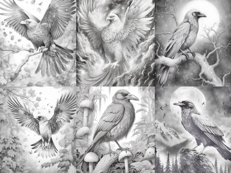 36 Ravens Grayscale Coloring Pages | Gothic Ravens Coloring Pages ...