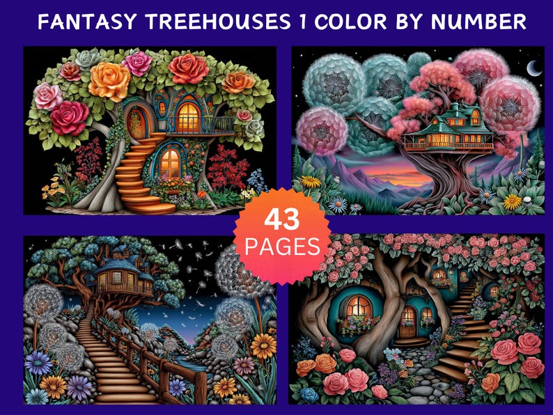 43 Fantasy Treehouses Set 1 Color by Number Pages | Surreal Flowers ...