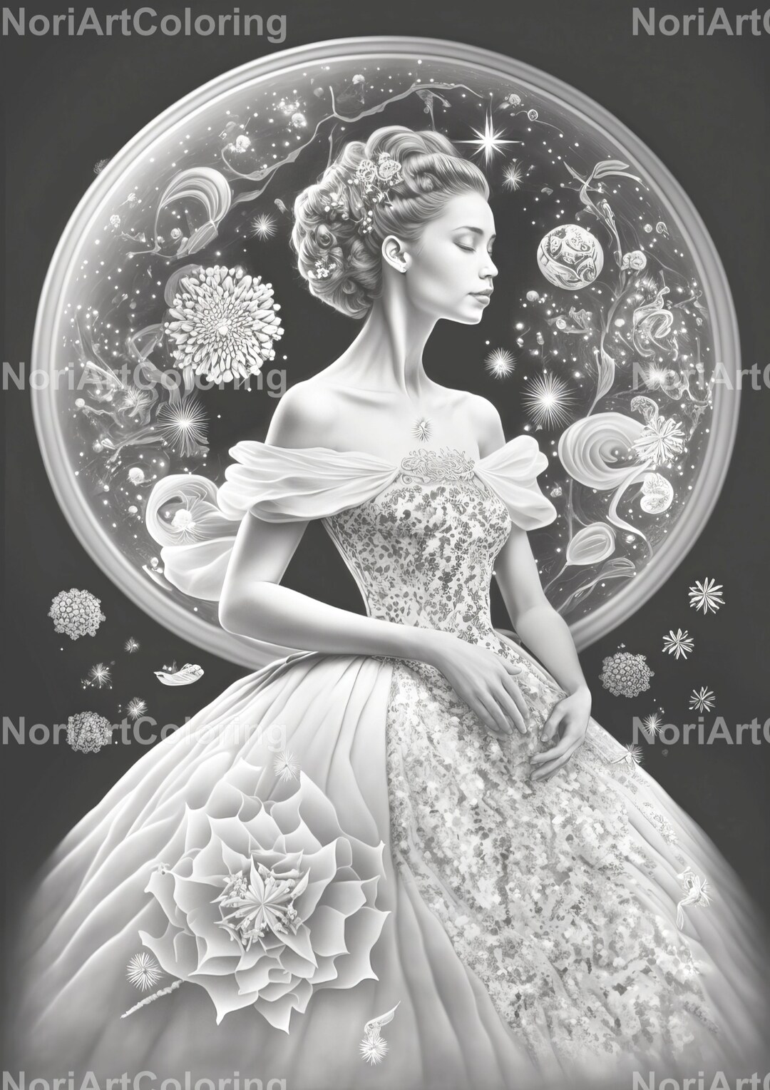 10 Women in Gorgeous Celestial Dresses Set 1 Coloring Pages | Printable ...