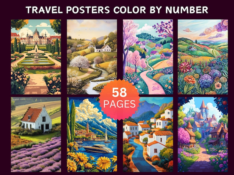 58 Travel Posters Color by Number Pages, Digital Coloring Pages, Paint ...