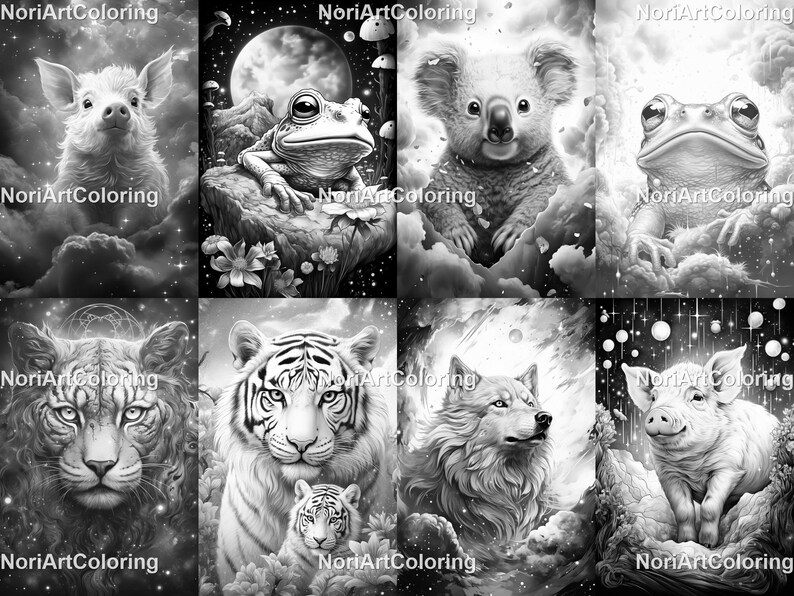 70 Celestial Animals Grayscale Coloring Pages | Nebulas Stars Animals ...