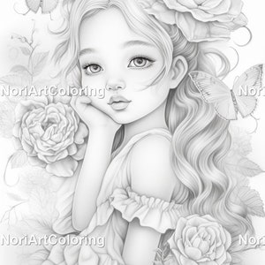 33 Little Girls With Flowers and Butterflies | Printable Adult Coloring ...