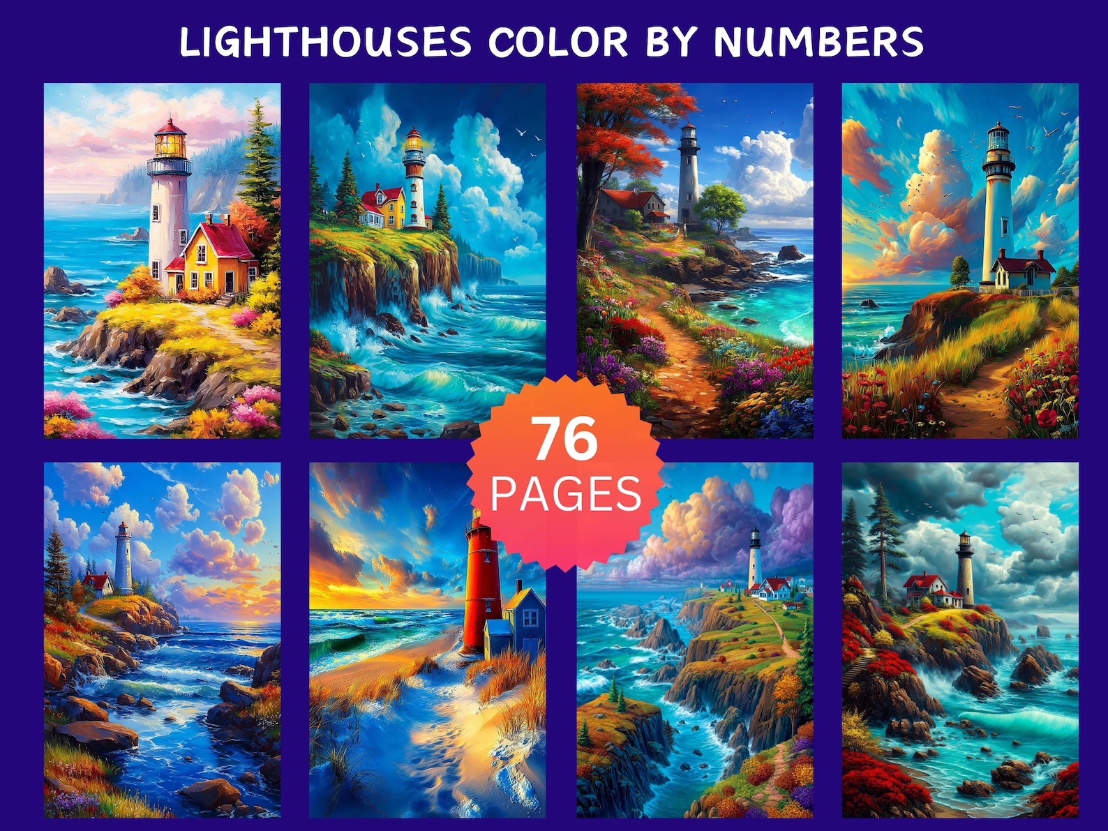 76 Lighthouses Color by Number Pages, Digital Coloring Pages, Paint by ...