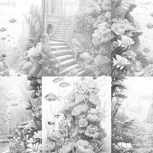 53 Underwater Gardens Grayscale Coloring Pages | Ocean Flowers Fishes ...