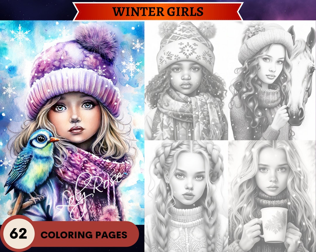 62 Winter Girls Grayscale Coloring Pages | Coloring Pages Adults and ...
