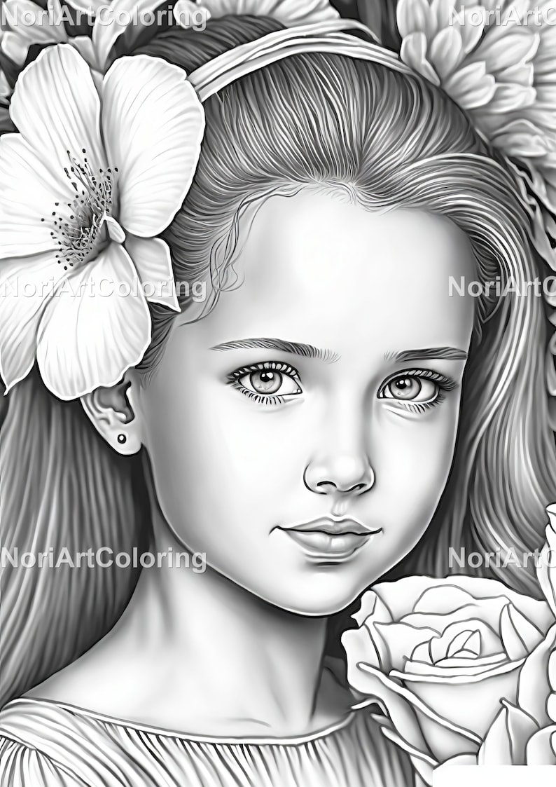 12 Grayscale Beautiful Little Girls With Flowers Coloring - Etsy