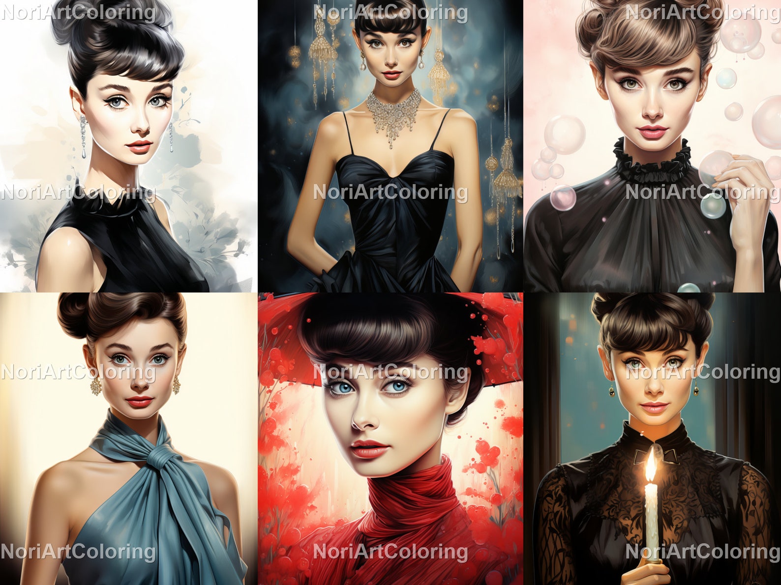 42 Audrey Hepburn Color Clipart & Grayscale Coloring Pages Set 2 ...