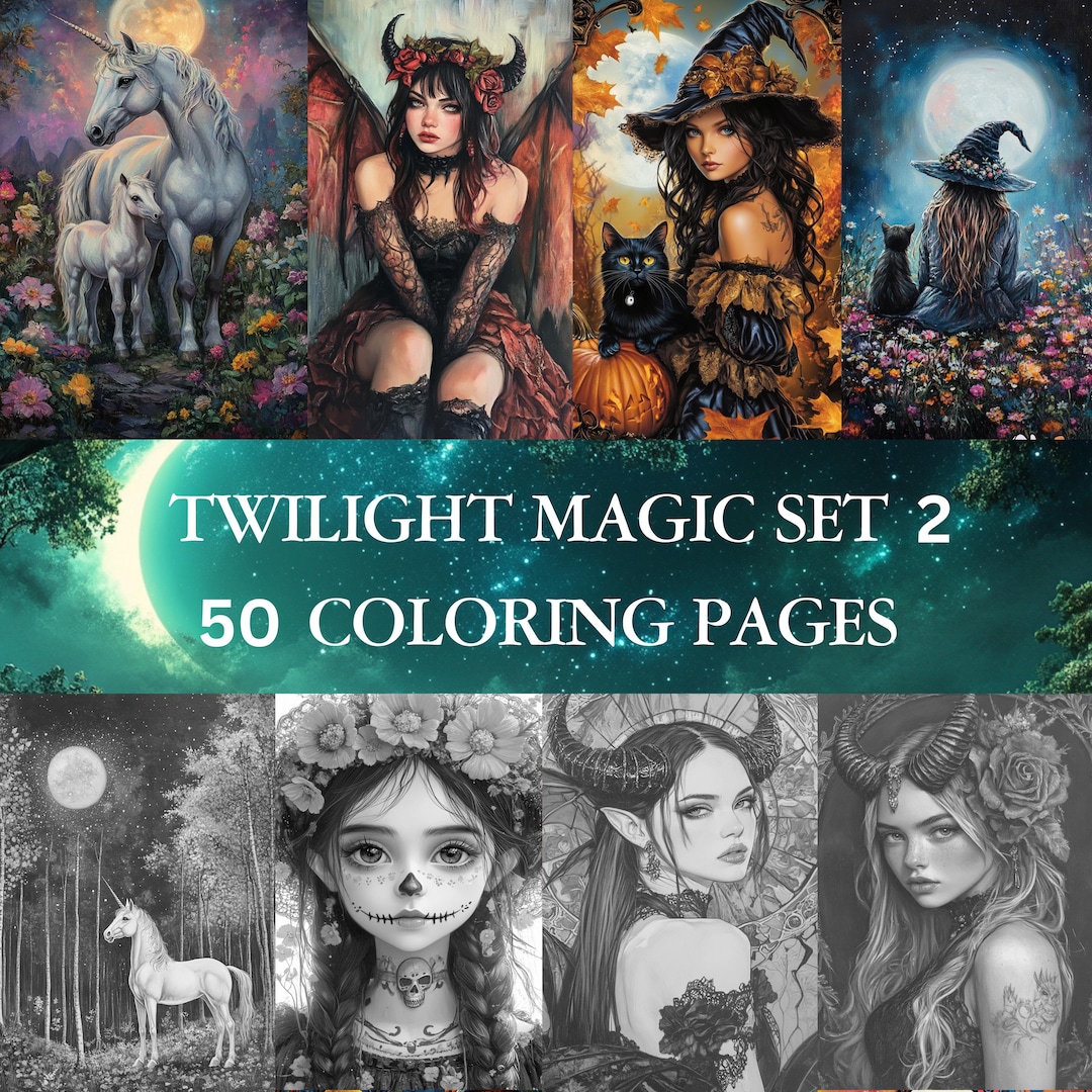 50 Twilight Magic Set 2 Grayscale Coloring Pages: Vampires Succubus ...
