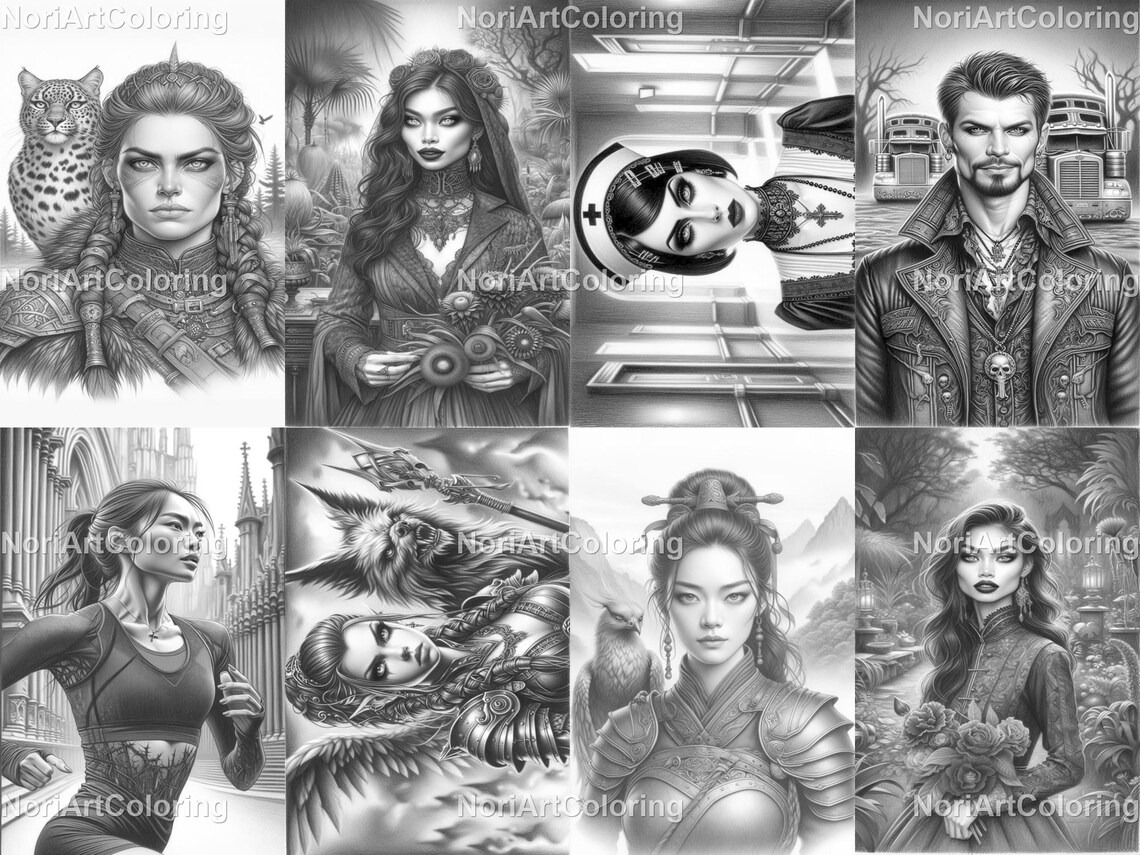 59 Strange Gothic Portraits Grayscale Coloring Pages | Printable Adult ...