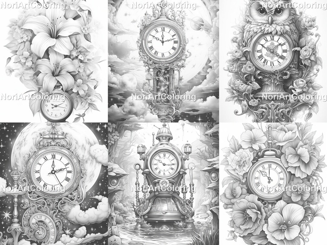 44 Clocks Grayscale Coloring Pages Gothic Clocks Clocks - Etsy