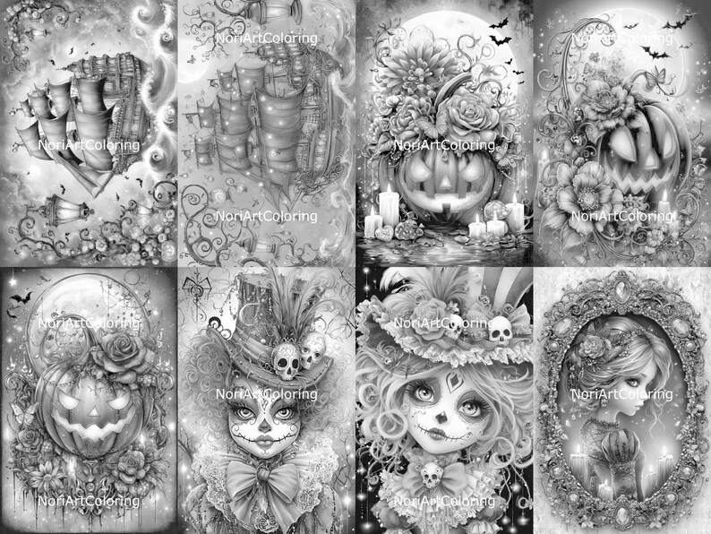83 Halloween Grayscale Coloring Pages | Witches, Gothic Goddesses ...