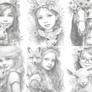 56 Beautiful Girls With Animals Set 9 Coloring Pages | Printable Adult ...