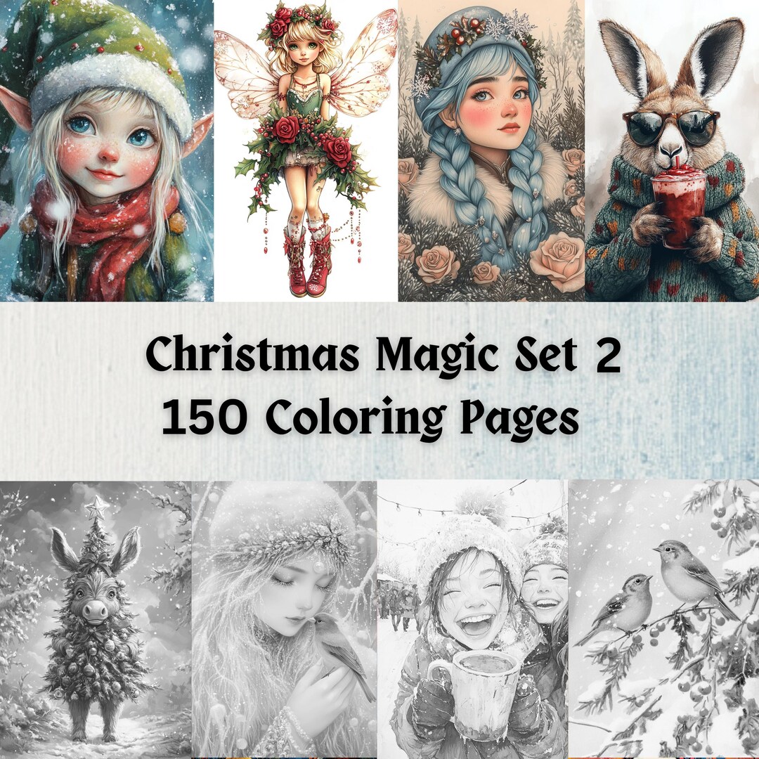 150 Christmas Magic 2 Grayscale Coloring Pages for Adults | Instant ...