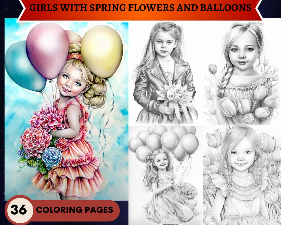 36 Grayscale Girls With Spring Flowers and Balloons Coloring Pages ...