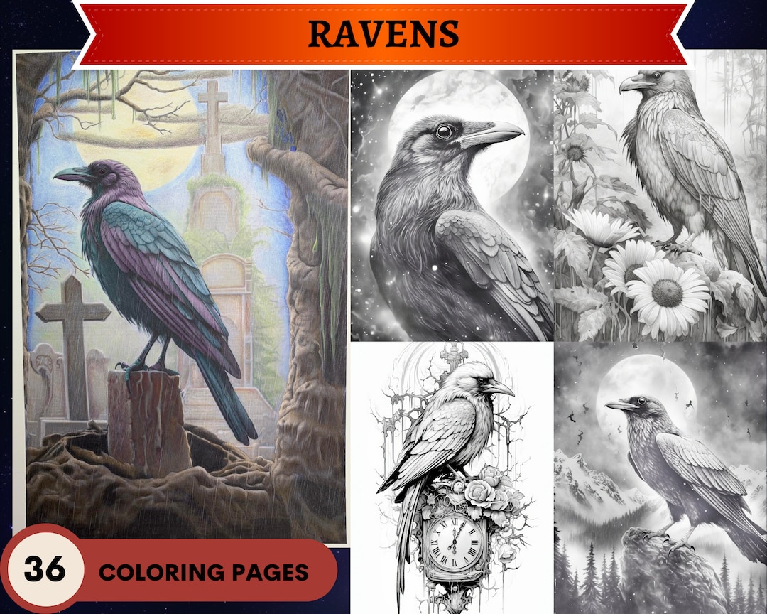 36 Ravens Grayscale Coloring Pages | Gothic Ravens Coloring Pages ...