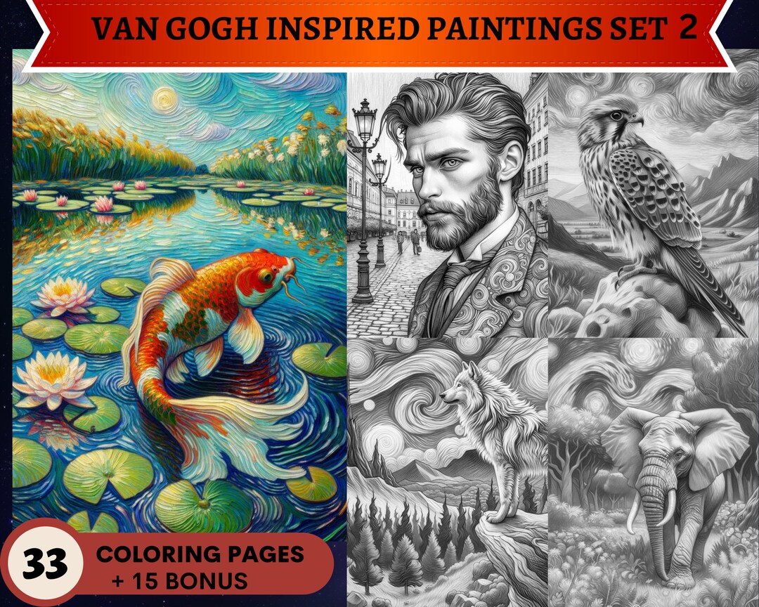 33 Van Gogh Inspired Paintings Set 2 Grayscale Coloring Pages (+15 ...