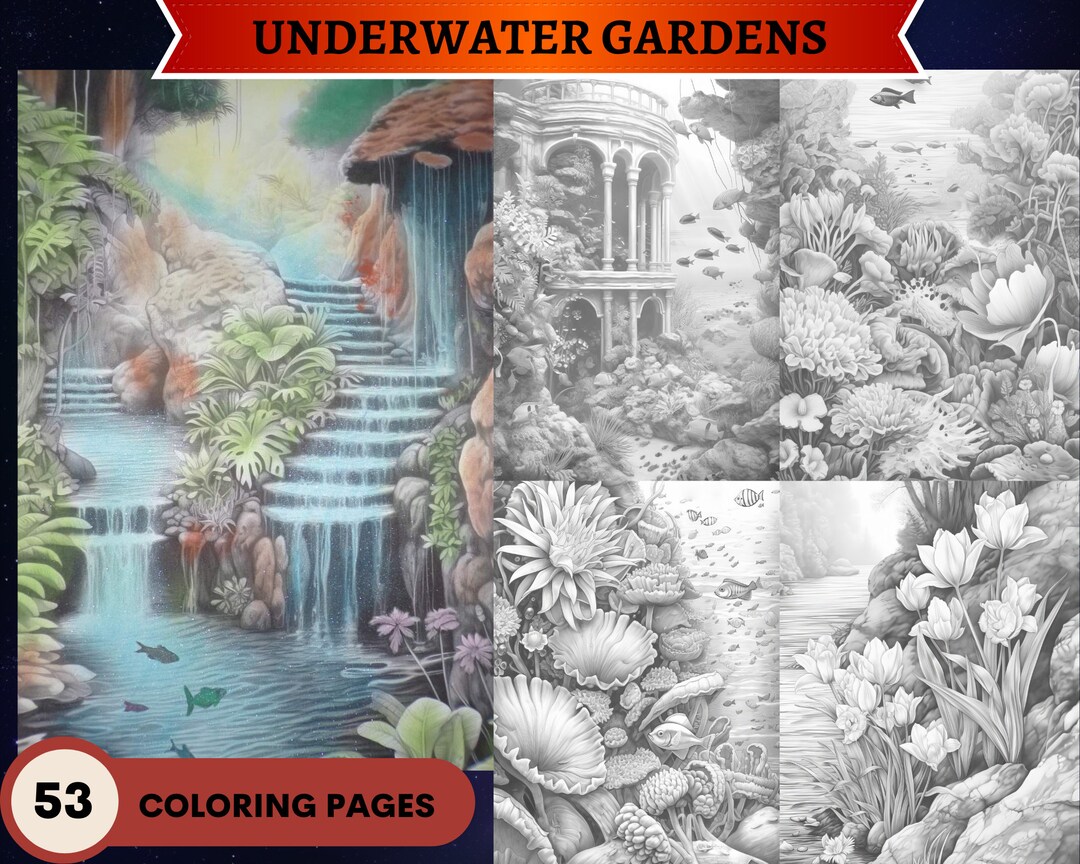 53 Underwater Gardens Grayscale Coloring Pages | Ocean Flowers Fishes ...