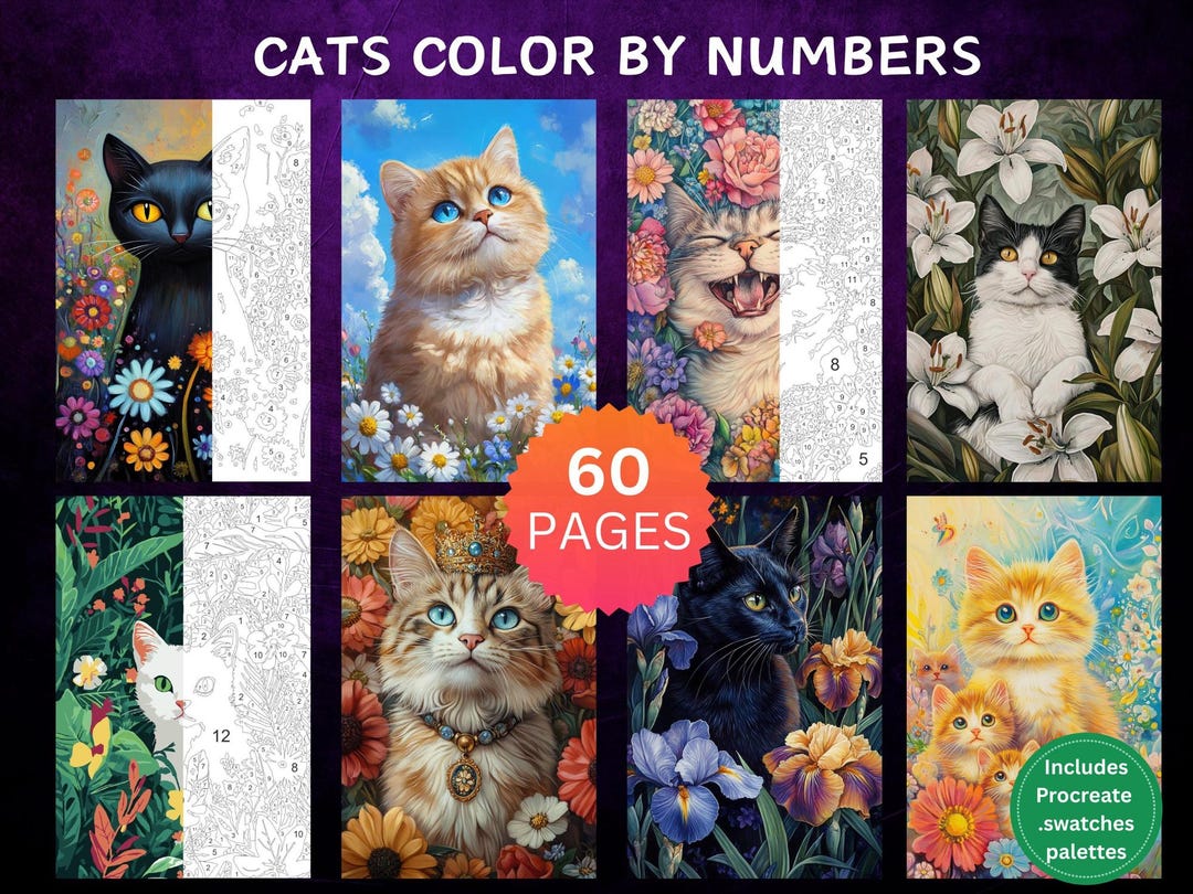 60 Cats Color by Number Pages, Digital Coloring Pages, Paint by Numbers ...