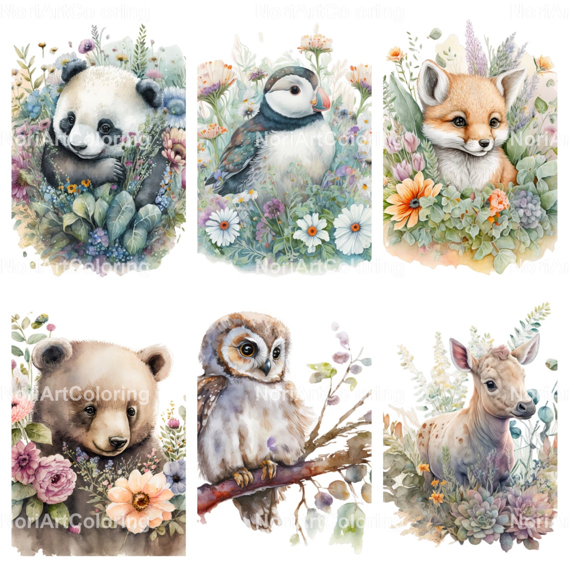 12 Watercolor Baby Animals With Flowers PNG on Transparent - Etsy