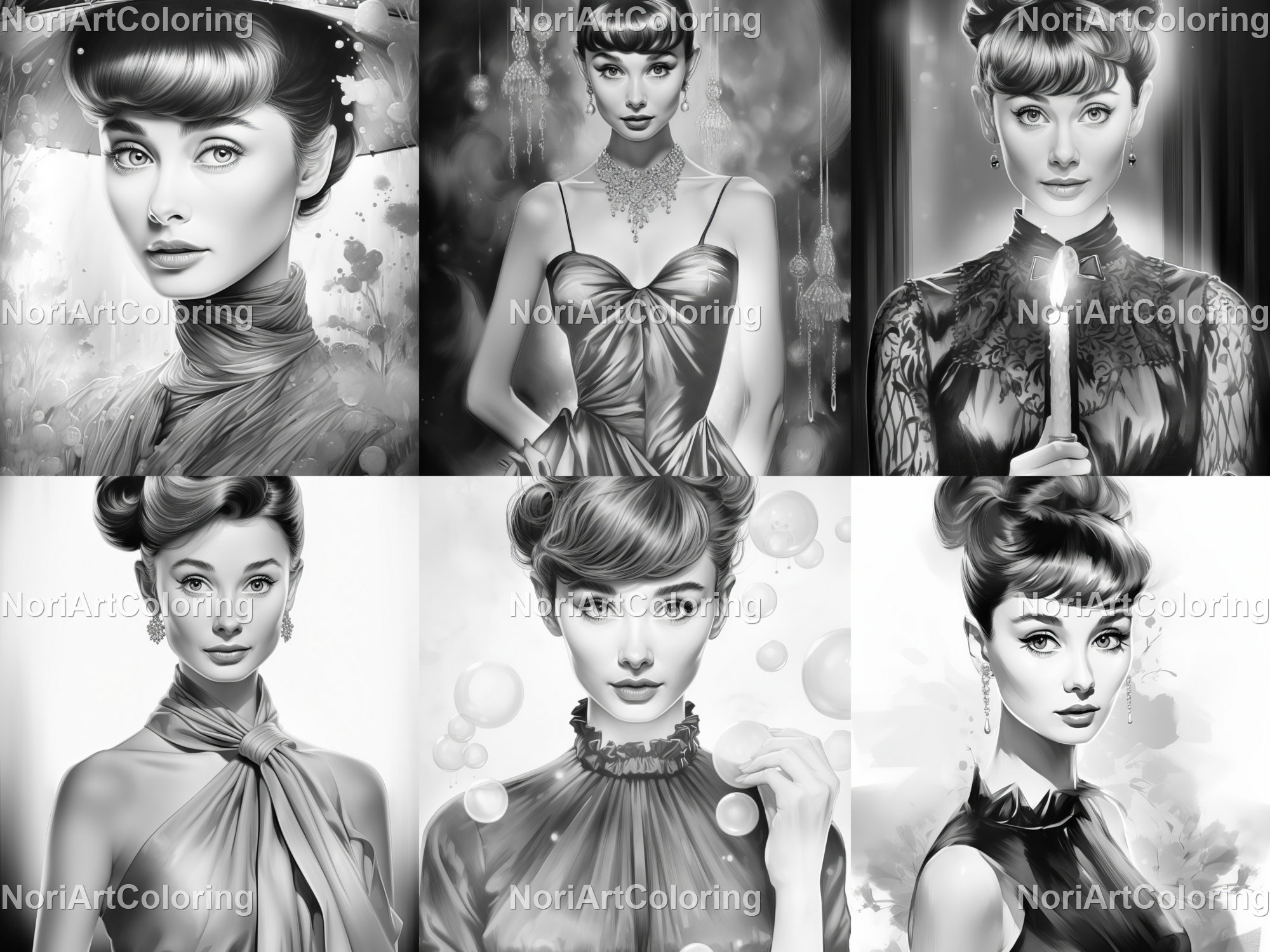 42 Audrey Hepburn Color Clipart & Grayscale Coloring Pages Set 2 ...