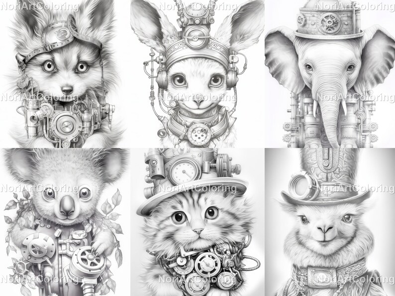 28 Steampunk Baby Animals Set 2 Grayscale Coloring Pages - Etsy