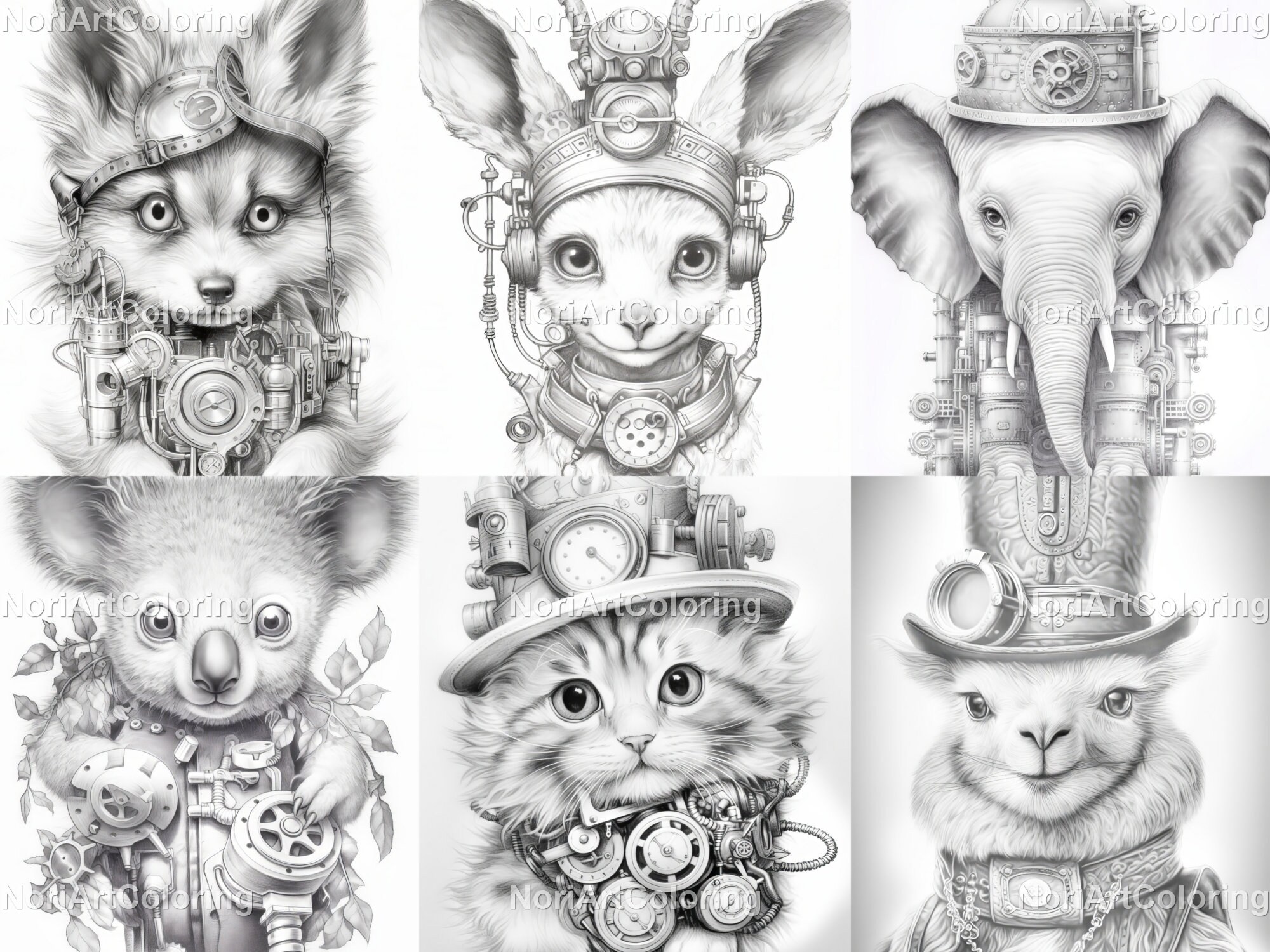 28 Steampunk Baby Animals Set 2 Grayscale Coloring Pages - Etsy