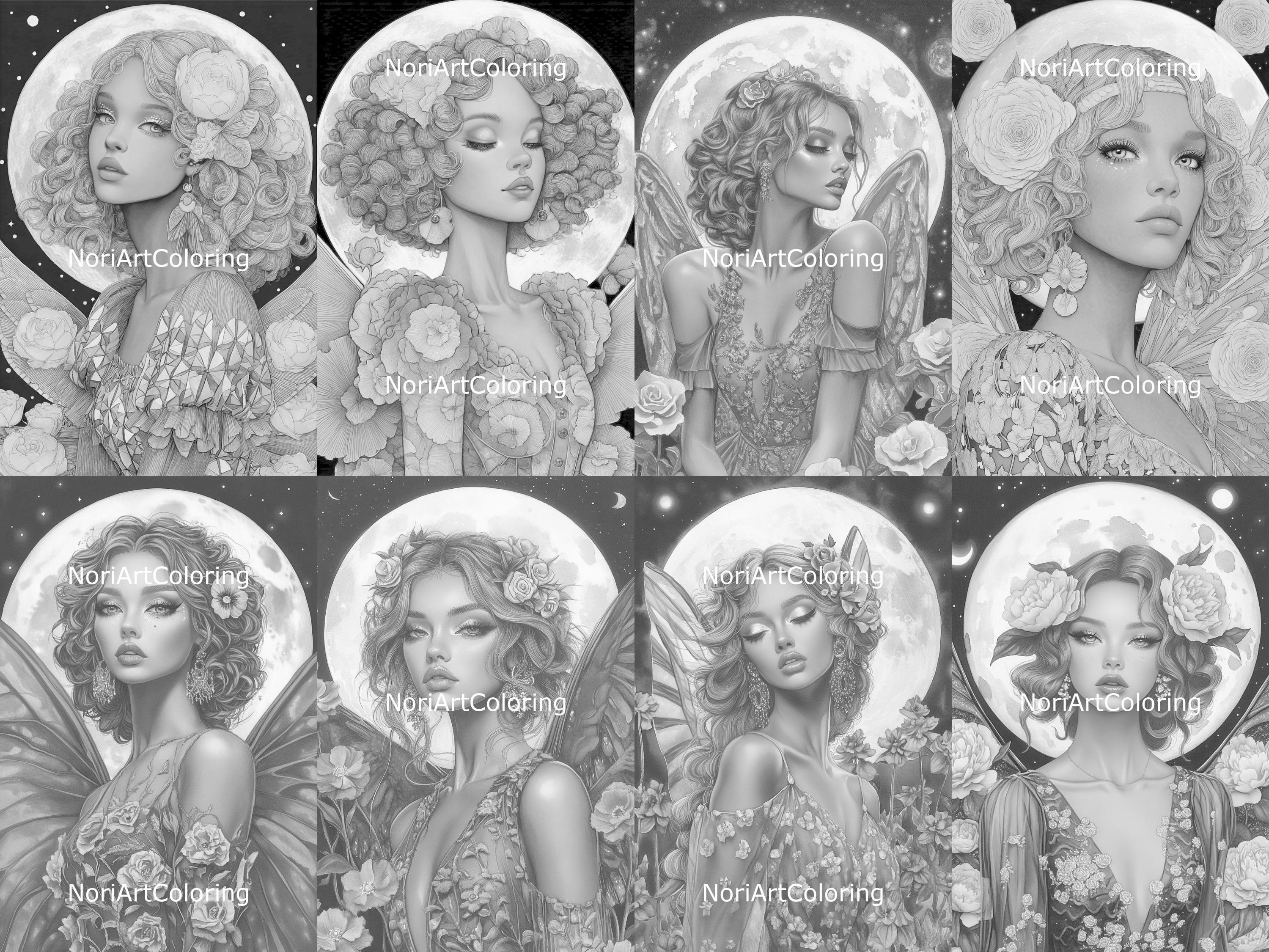 64 Moon Flower Fairies Grayscale Coloring Pages | Printable Adult ...
