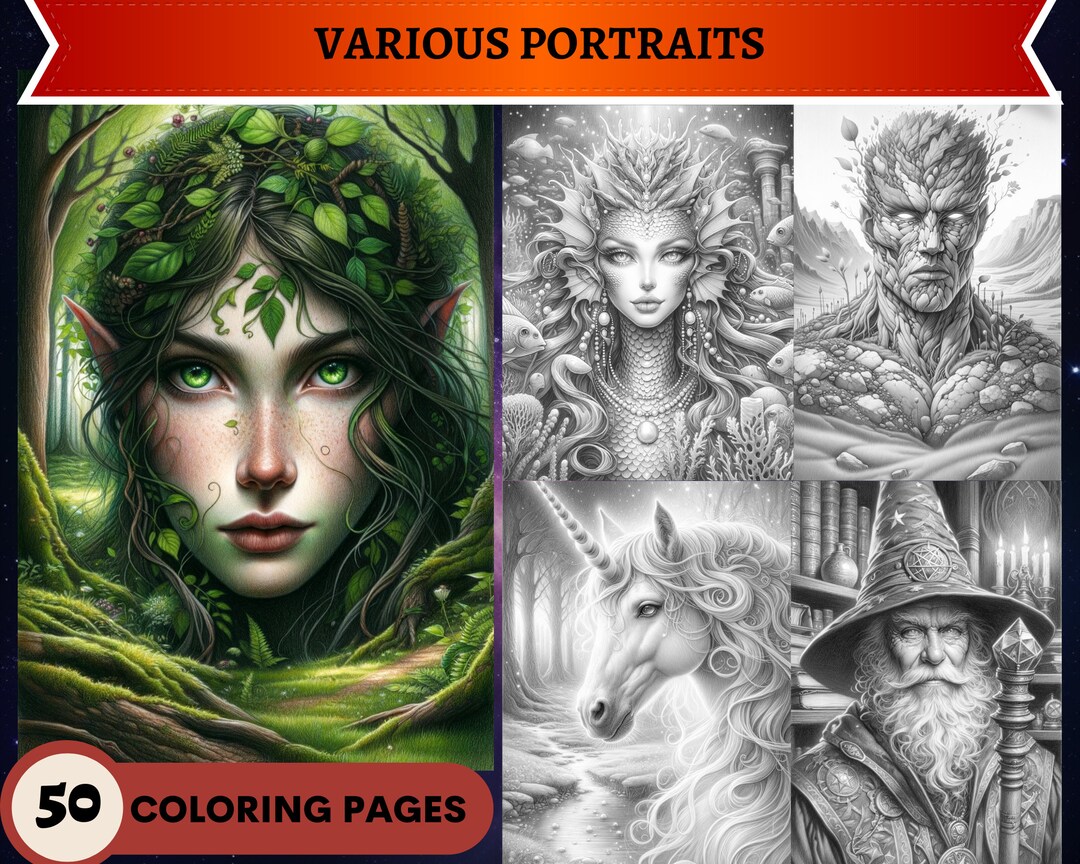 50 Various Portraits Grayscale Coloring Pages | Printable Adult ...