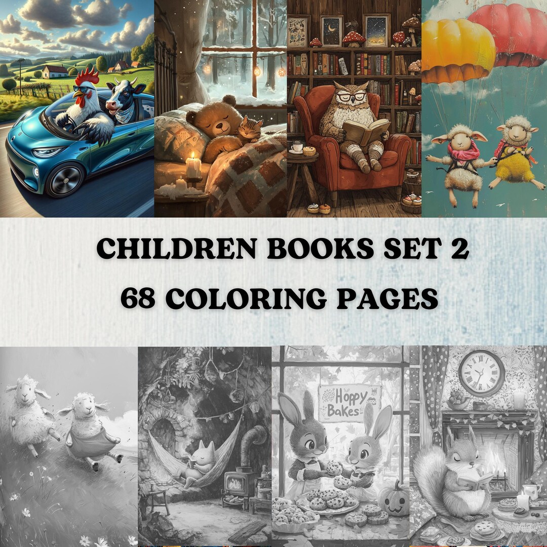 68 Children Books Set 2 Grayscale Coloring Pages | Cute Animals ...