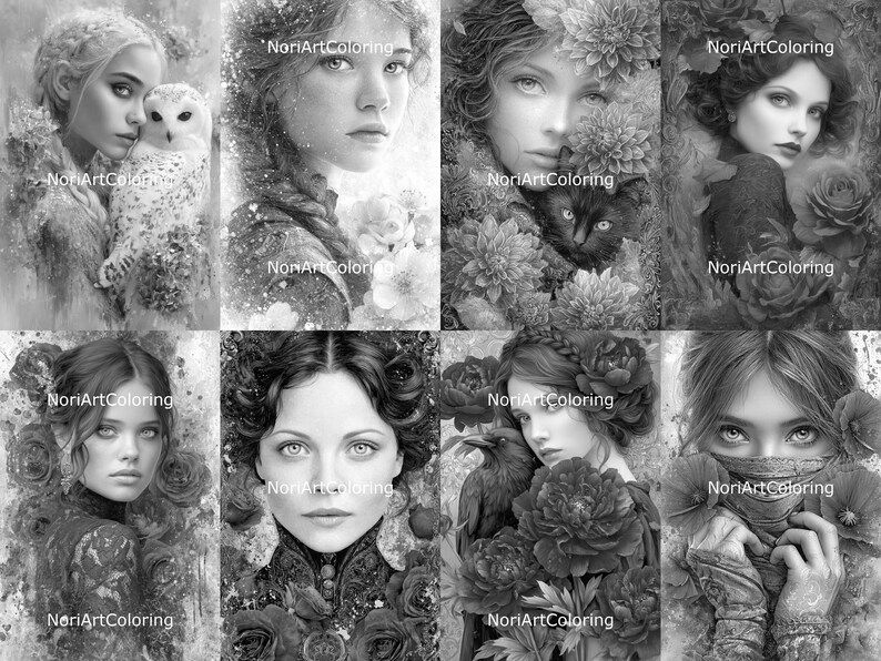 57 Botanical Women Paintings Grayscale Coloring Pages | Enchanted ...