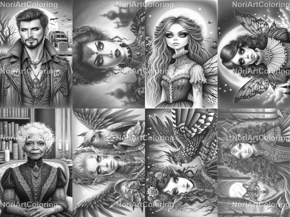 59 Strange Gothic Portraits Grayscale Coloring Pages | Printable Adult ...