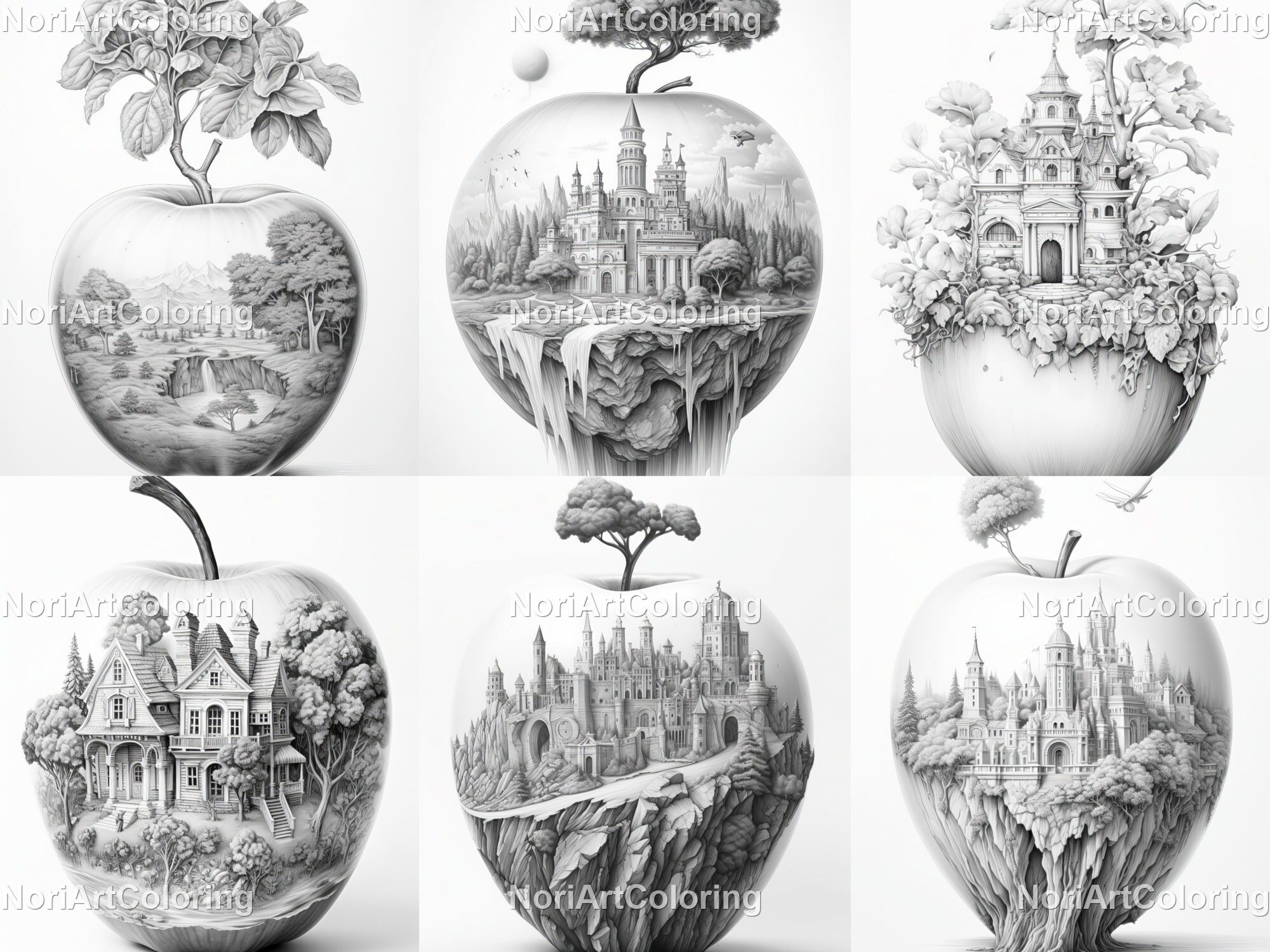 50 Miniworld in an Apple and Other Miniature Worlds Grayscale Coloring ...