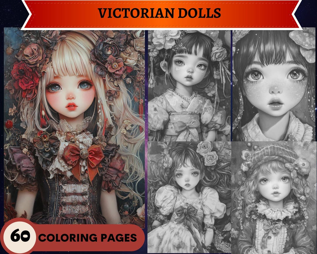 60 Victorian Dolls Grayscale Coloring Pages | Vintage Doll ...